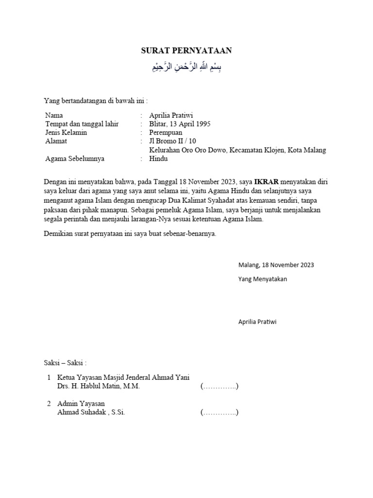 SURAT PERNYATAAN Mualaf | PDF