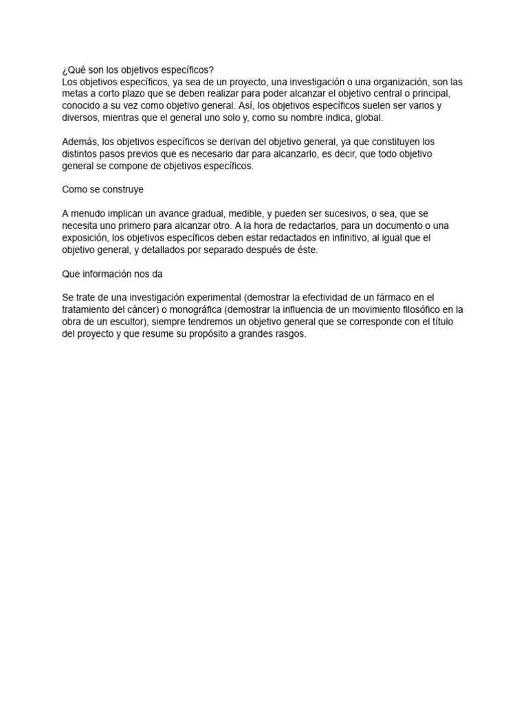 Objetivos Específicos y Generales | PDF