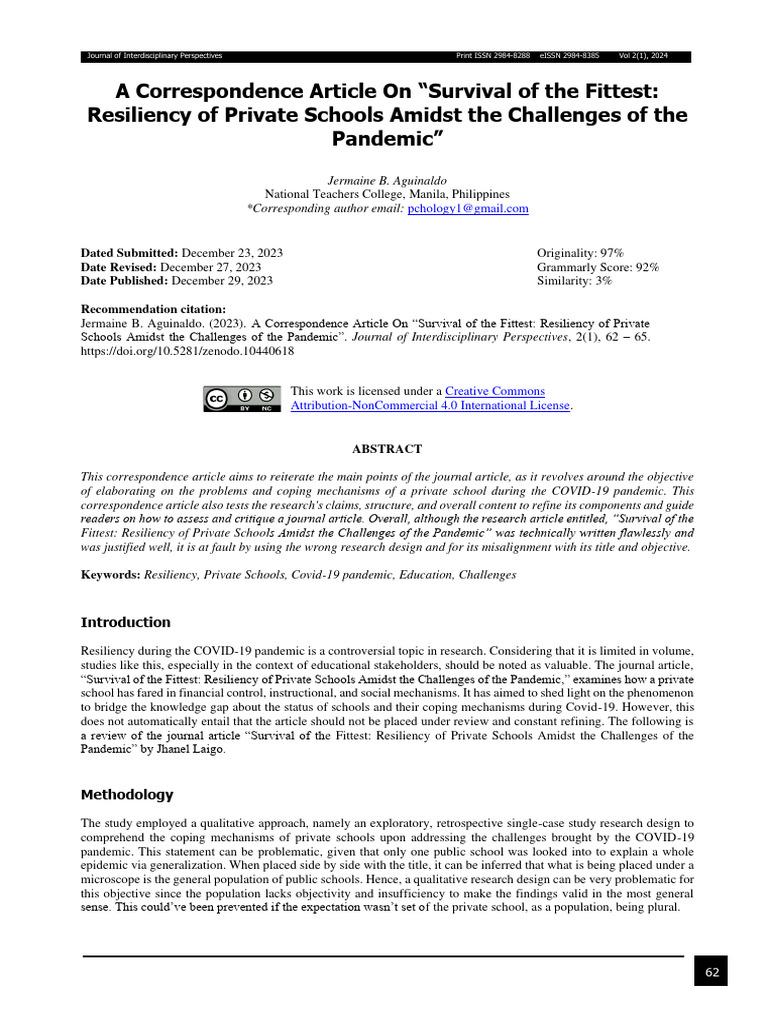 A Correspondence Article On "Survival of The Fittest Resiliency of ...