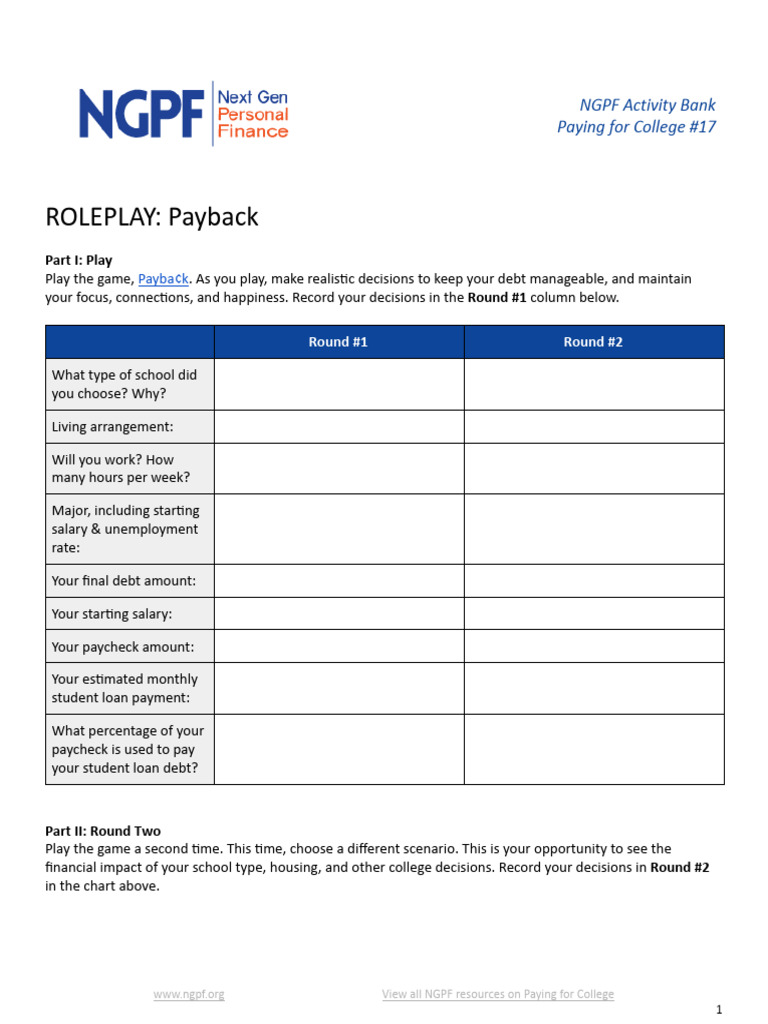 NGPF Payback Game: College Financing | PDF