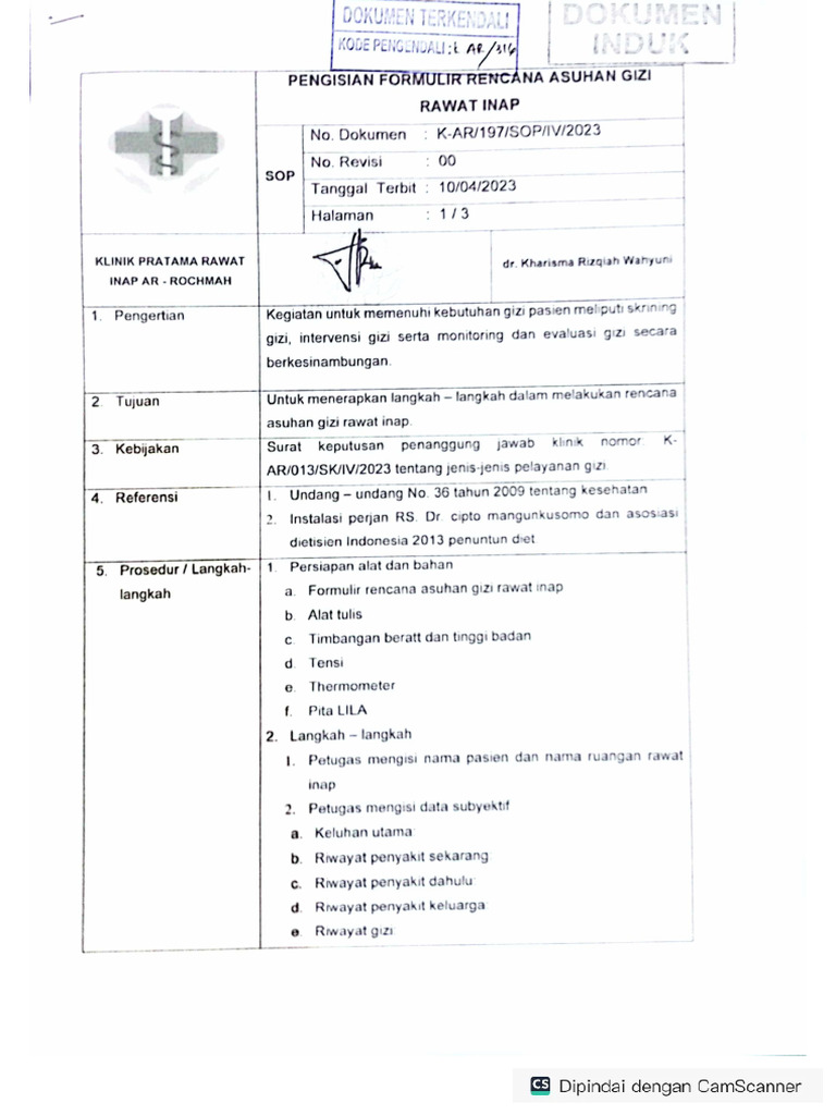 Sop Formulir Rencana Asuhan Gizi Rajal | PDF