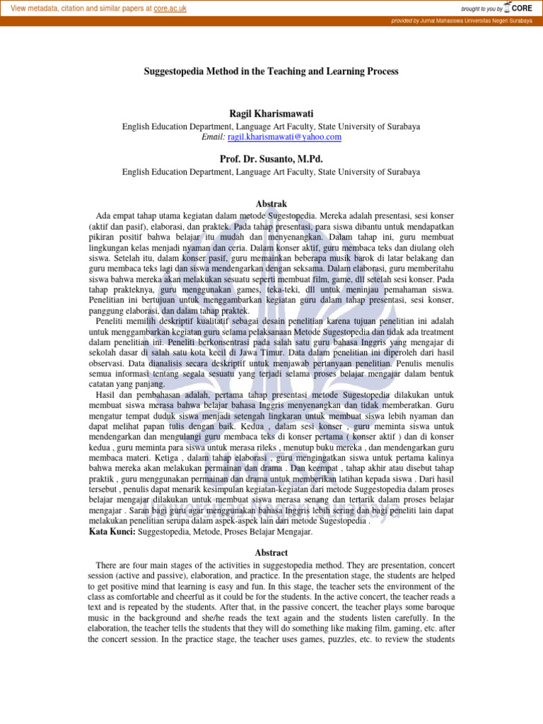Suggestopedia Method in The Teaching and Learning Process: Abstrak | PDF