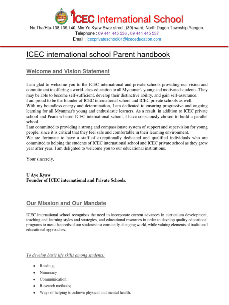ICEC International School Parent Handbook 1 | PDF | Teachers | Child ...
