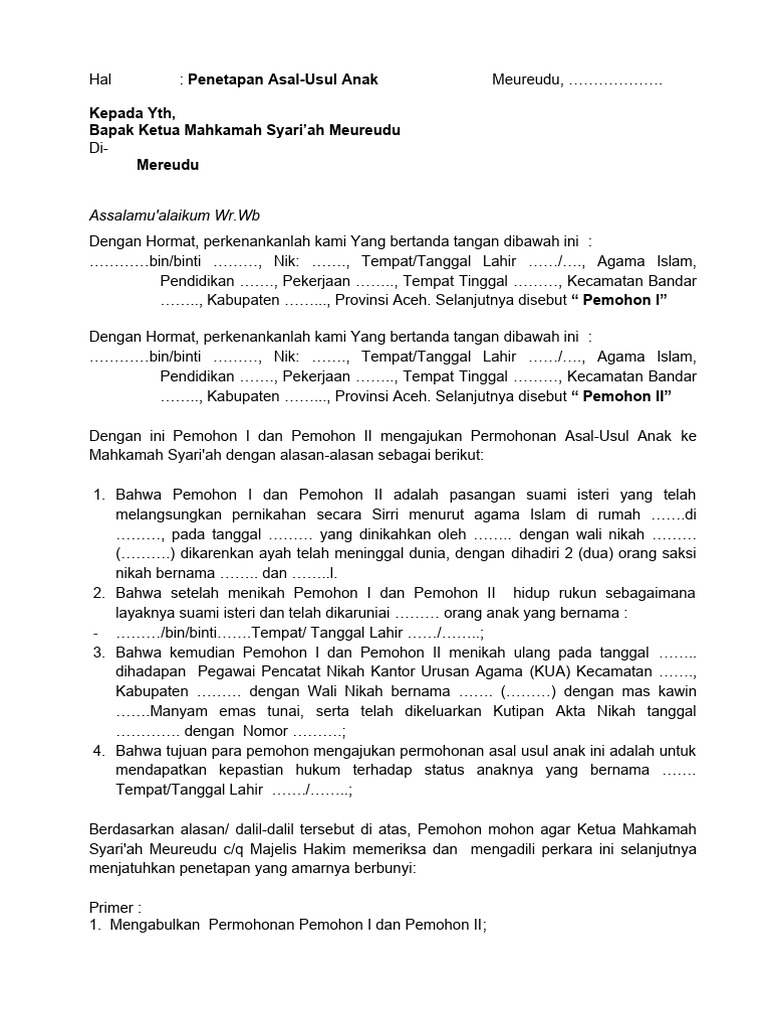 Permohonan Penetapan Asal Usul Anak | PDF