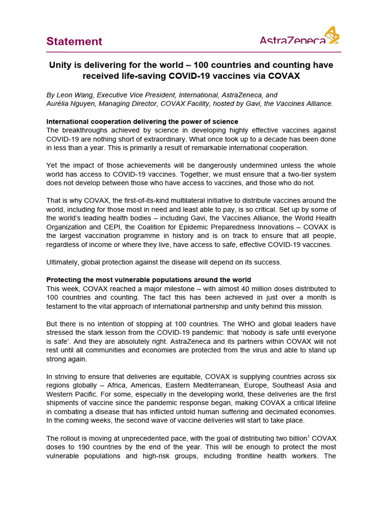 ASTRAZENECA MEDIA STATEMENT - 100 Countries & Counting Have Received ...