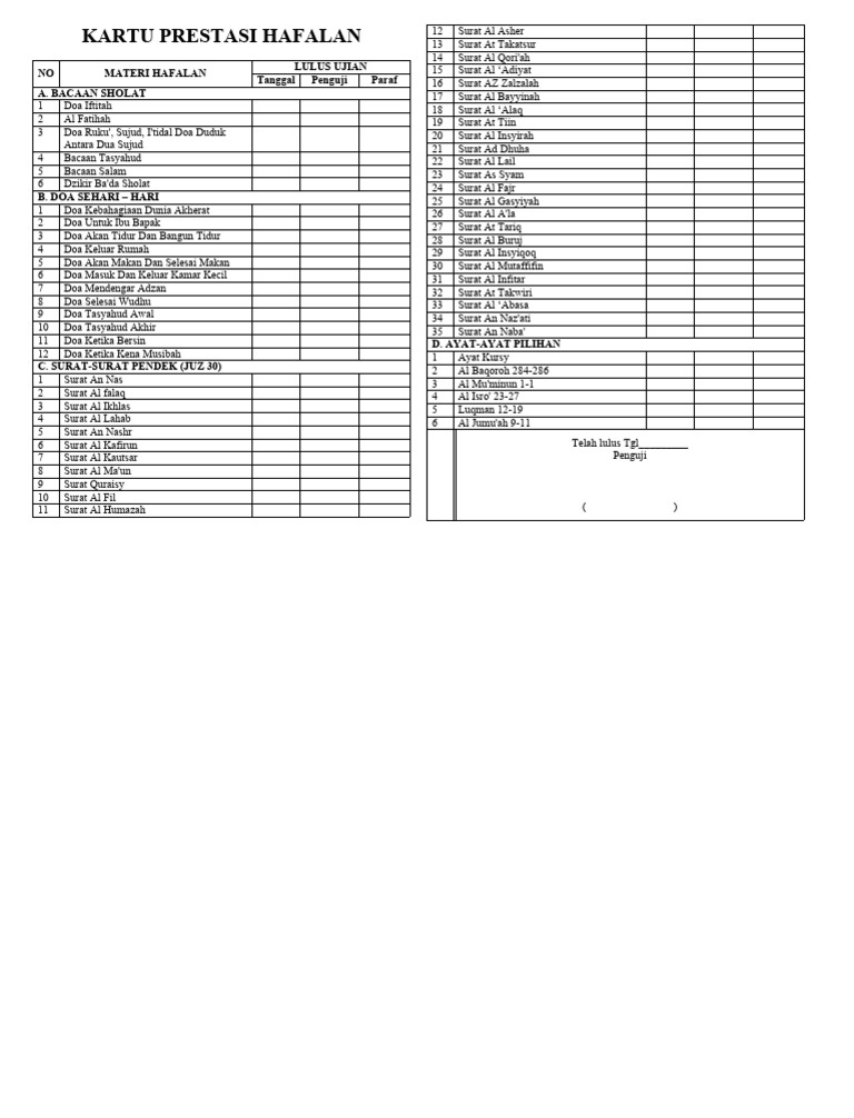 Kartu Prestasi Hafalan | PDF