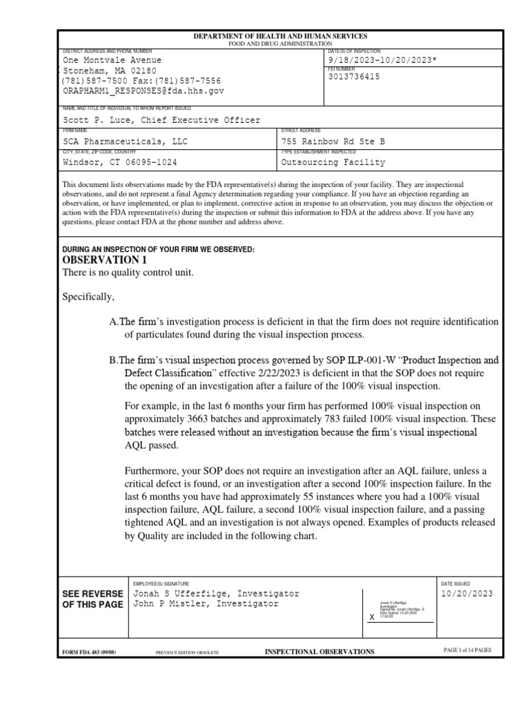 FDA Inspection Report: SCA Pharmaceuticals | PDF | Food And Drug ...