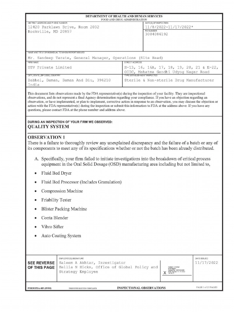 Form 483, Usv | PDF