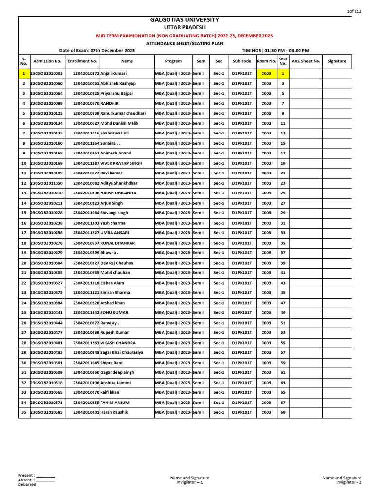 Galgotias University Exam Attendance Sheet | PDF