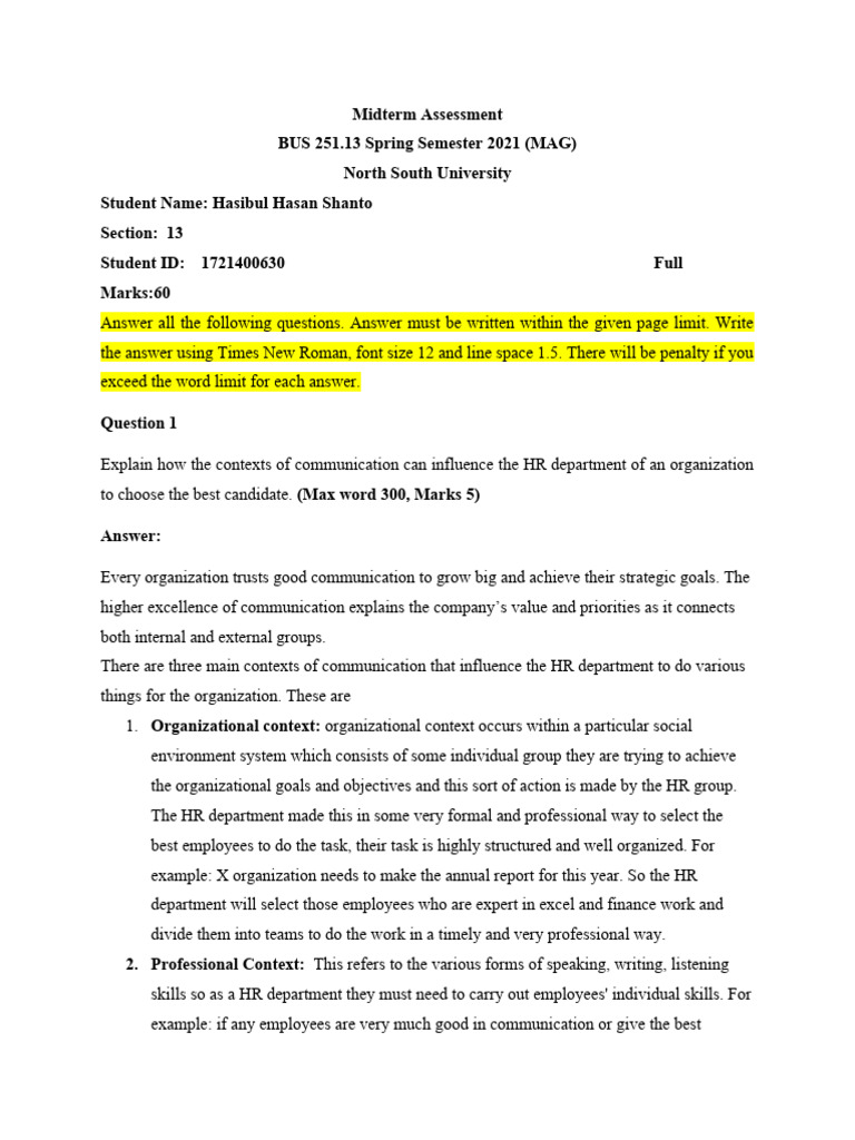 BUS 251.13 - Mid Assessment | PDF | Childbirth | Communication