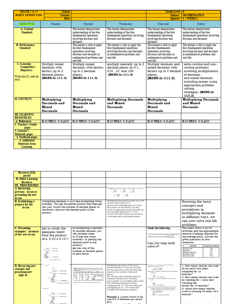 WEEK5 DLL MATH | PDF | Multiplication | Numbers