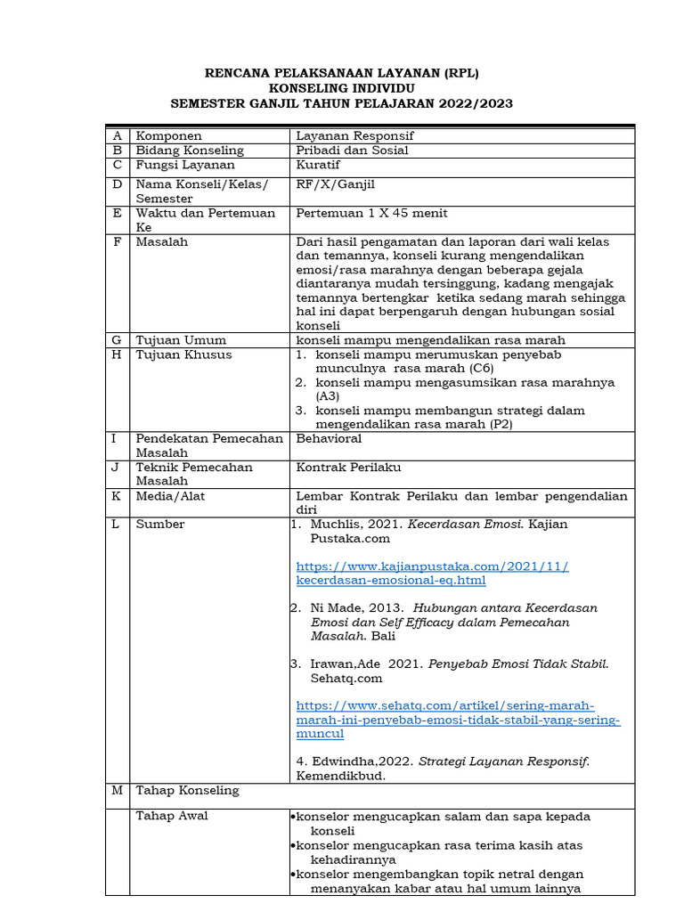 Contoh RPL Konseling APTL - Behavioral Kontrak | PDF