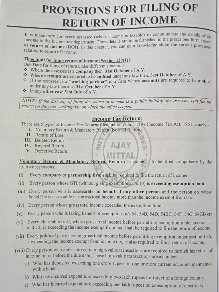 Provision For Filing of Return of Income | PDF