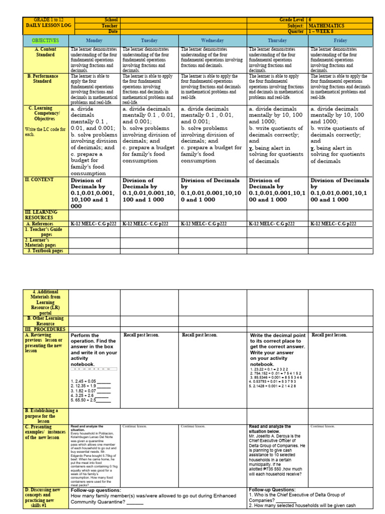 WEEK8-dll-MATH G6 | PDF