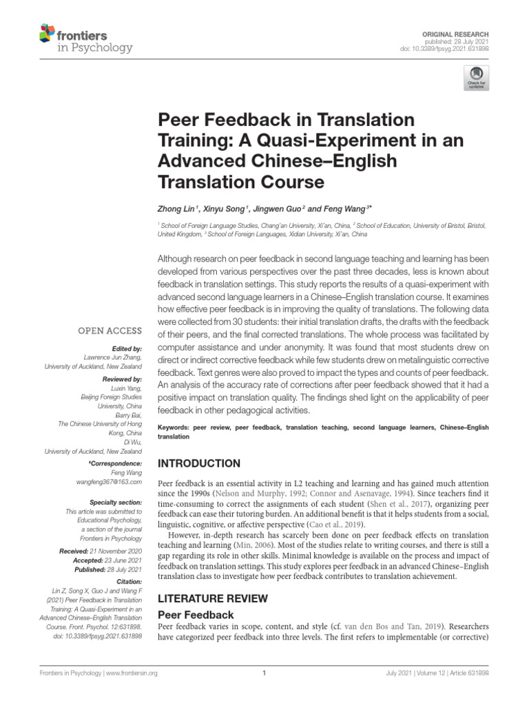 Lin Et Al - 2021 - Peer Feedback in Translation Training | PDF ...