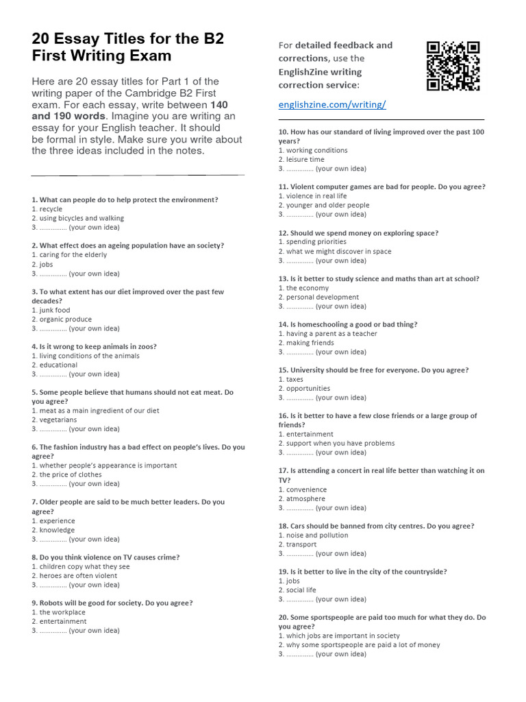 20 Essay Titles For The B2 First Writing Exam | PDF