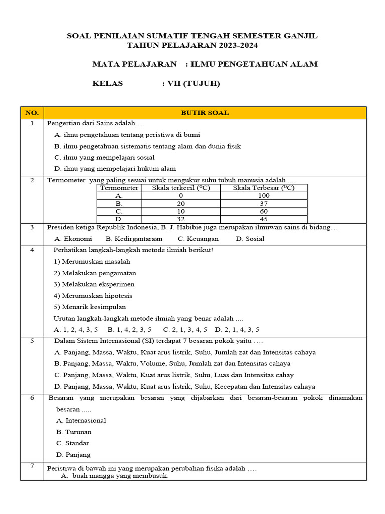 PTS Ganjil Ipa Kelas 7 | PDF | Teaching Methods & Materials | Science & Mathematics