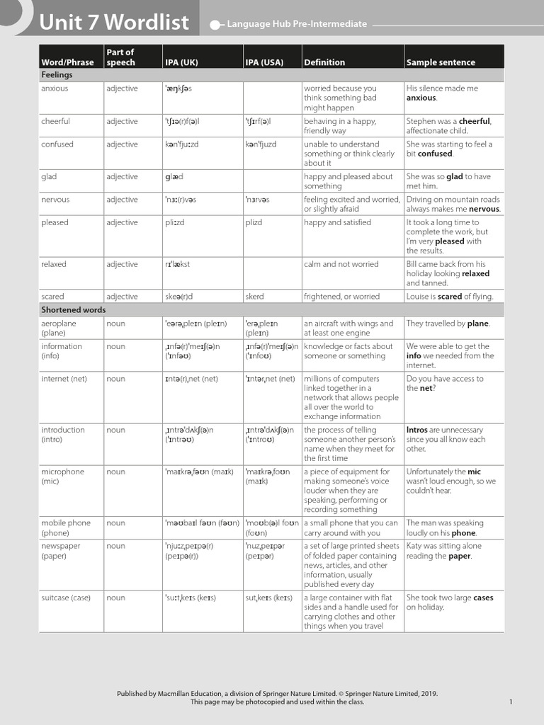 LH Pre-Intermediate Wordlist U7 | PDF | Verb | Adjective