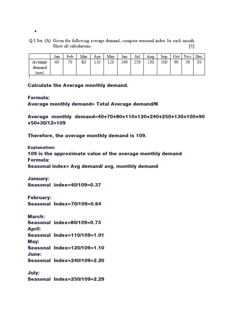 Calculate Average Monthly Demand & Seasonal Index | PDF | Inventory ...