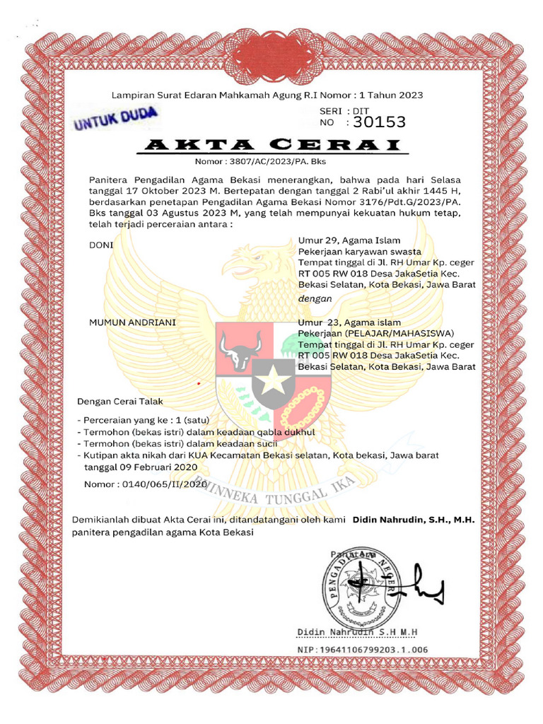 Akta Cerai Doni Bekasi | PDF