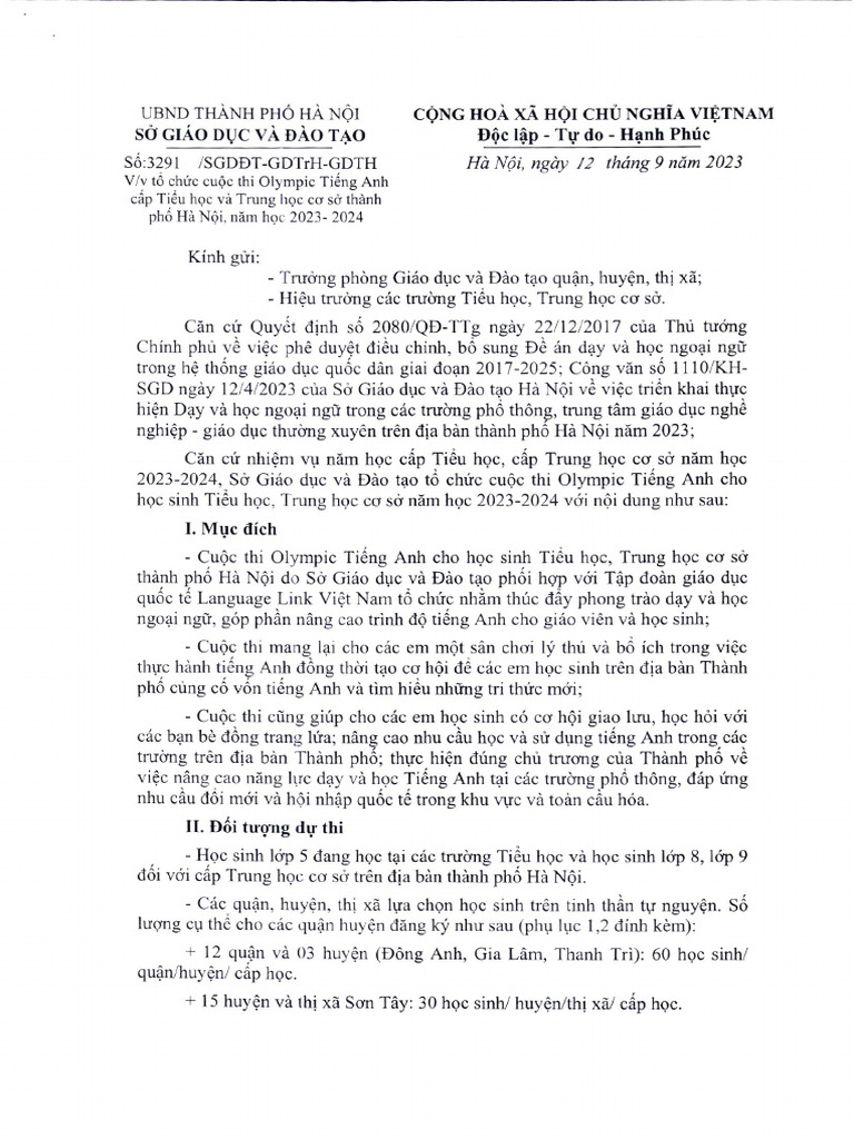 KH tổ chức OLympic Tiếng Anh TH-THCS | PDF