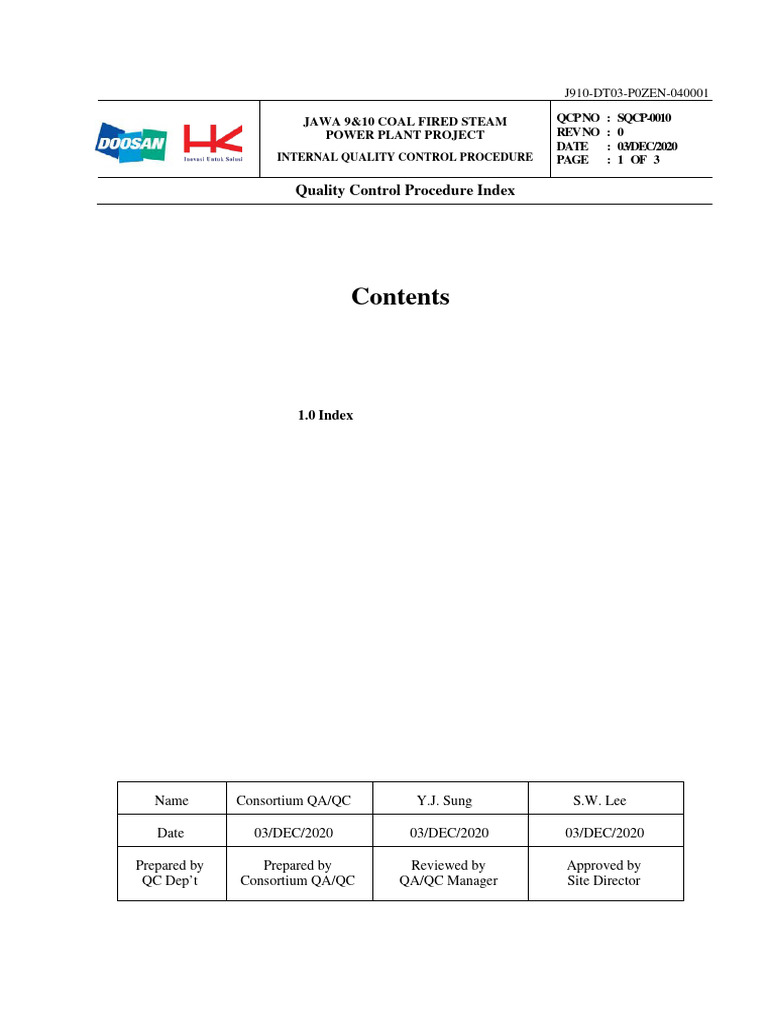 J910 DT03 P0ZEN 040001 SQCP 0010 (Quality Control Procedure Index) - Rev.0 | PDF ...