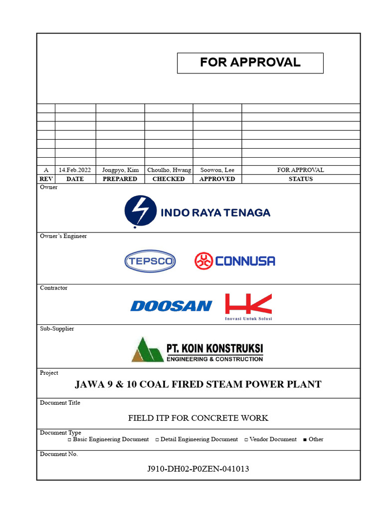 Field ITP For Concrete Work | PDF | Concrete | Specification (Technical ...