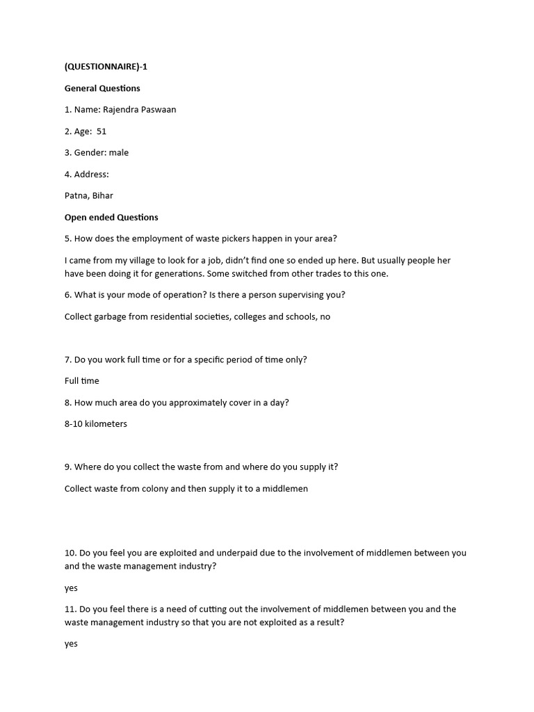 QUESTIONNAIRE | PDF | Occupational Safety And Health | Welfare