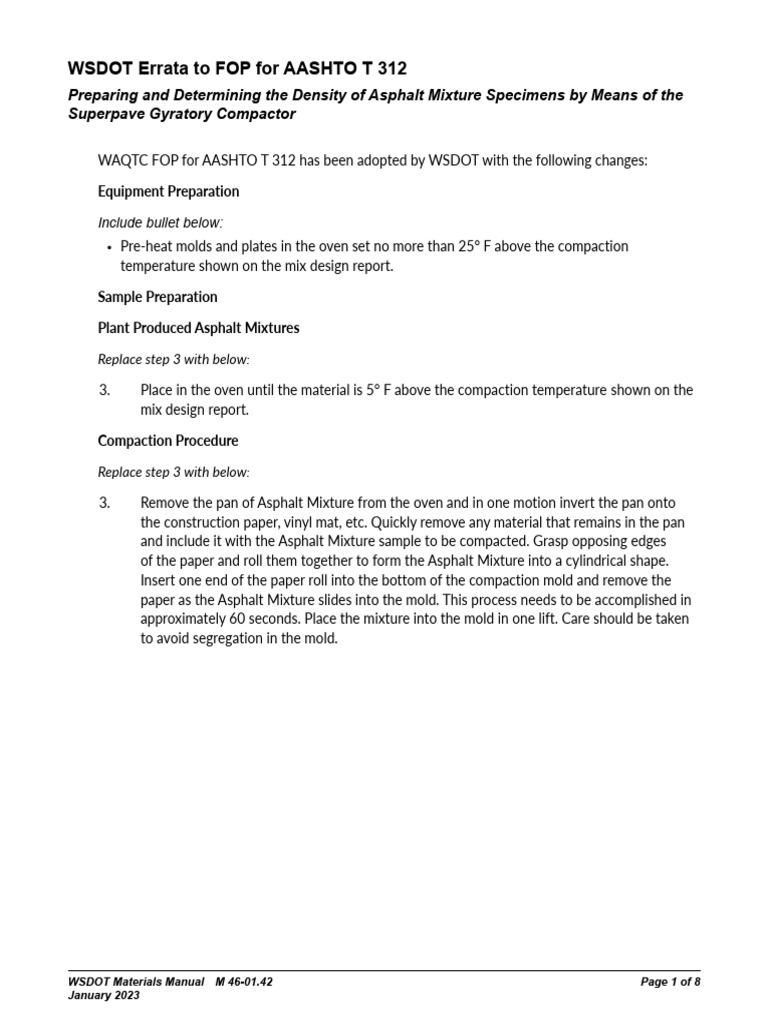 WSDOT Errata To FOP For AASHTO T 312 | PDF | Materials | Applied And ...