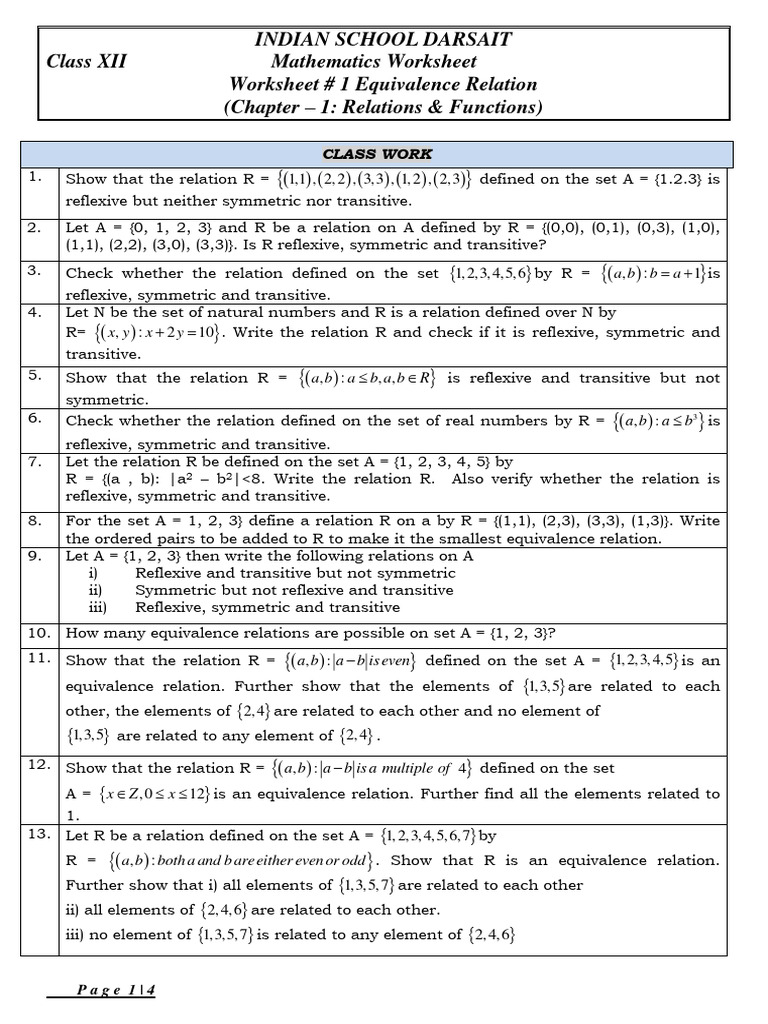 Equivalence Relation Worksheet Class XII | PDF | Mathematical Logic ...