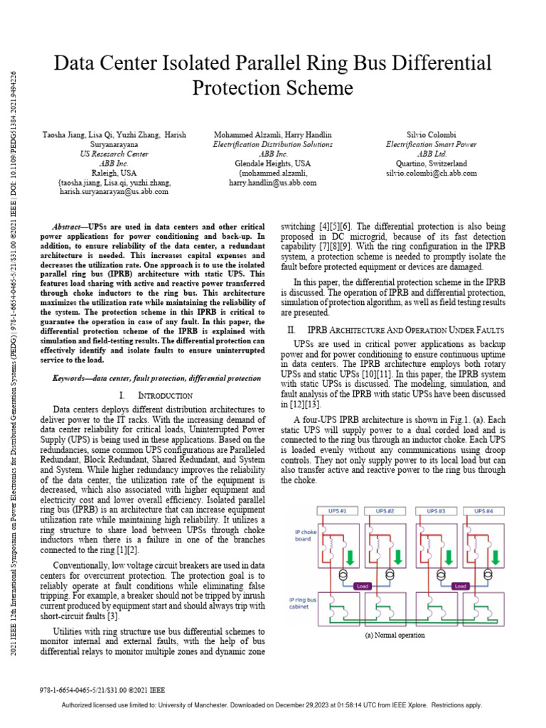 Data Center Isolated Parallel Ring Bus Differential Protection Scheme Pdf Data Center
