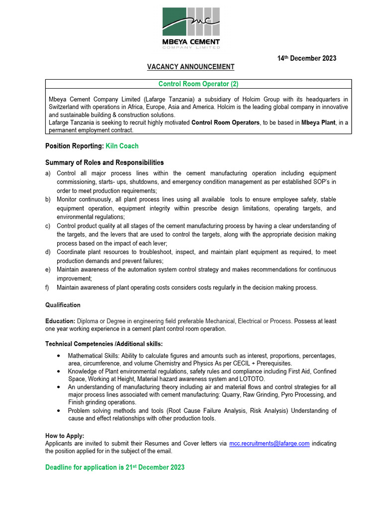 Control Room Operator 2 Positions | PDF | Cement | Employment