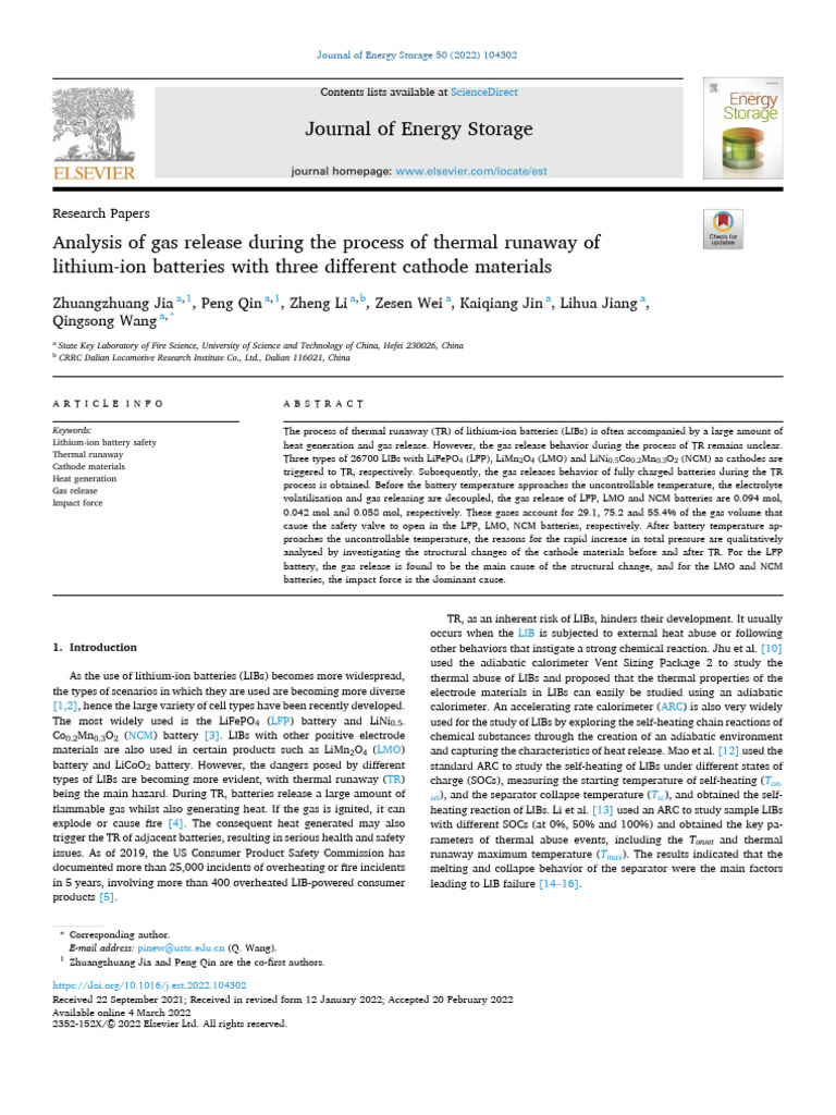 Analysis of Gas Release During The Process of Thermal Runaway of Lithium-Ion Batteries With ...
