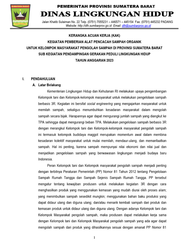 KAK PEMBELIAN PENCACAH SAMPAH Organik 2023 Edit | PDF