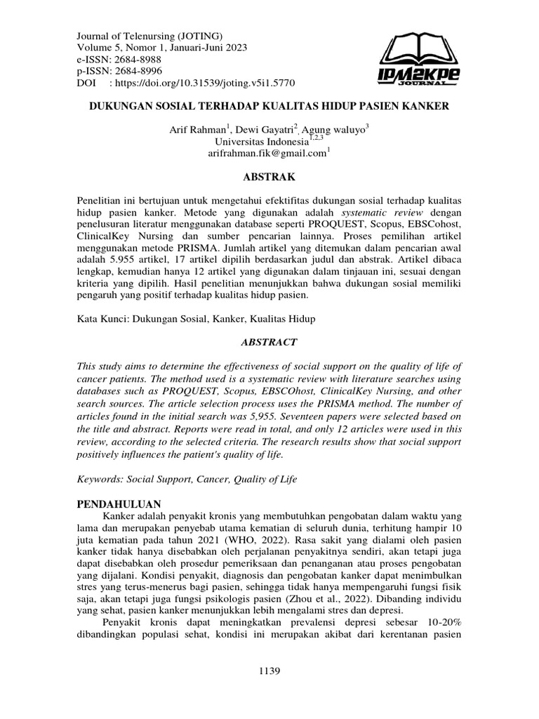 Dukungan Sosial Terhadap Kualitas Hidup Pasien Kanker | PDF | Pengembangan Diri