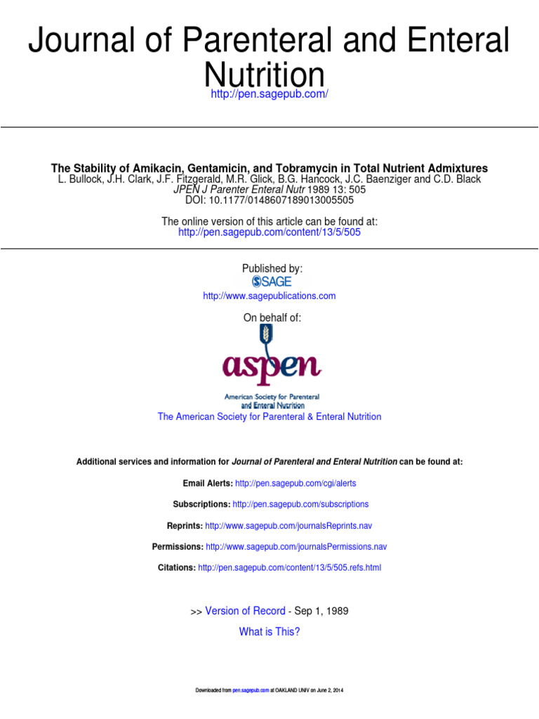 The Stability of Amikacin, Gentamicin, and Tobramycin in Total Nutrient ...