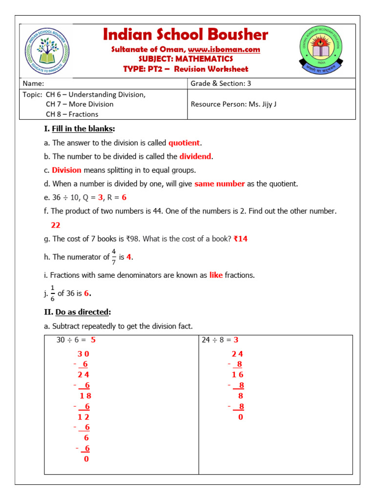 GR 3 Math PT2 Revision Worksheet AK | PDF