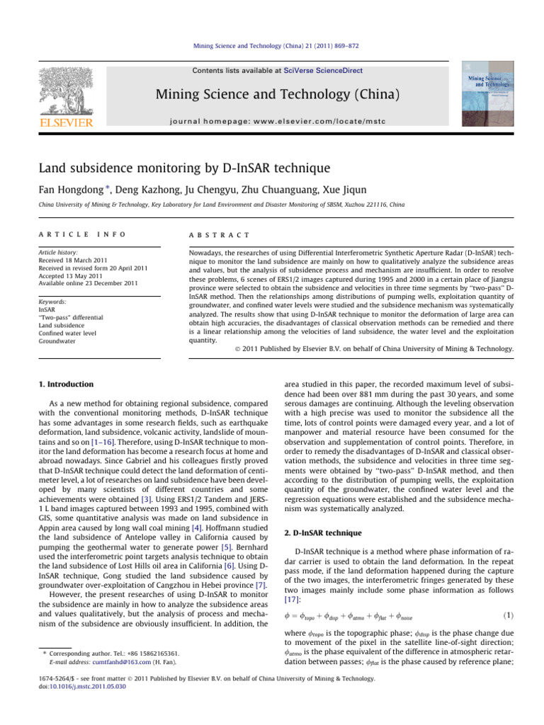 Land Subsidence Monitoring by D-InSAR Technique | PDF | Groundwater | Earth Sciences