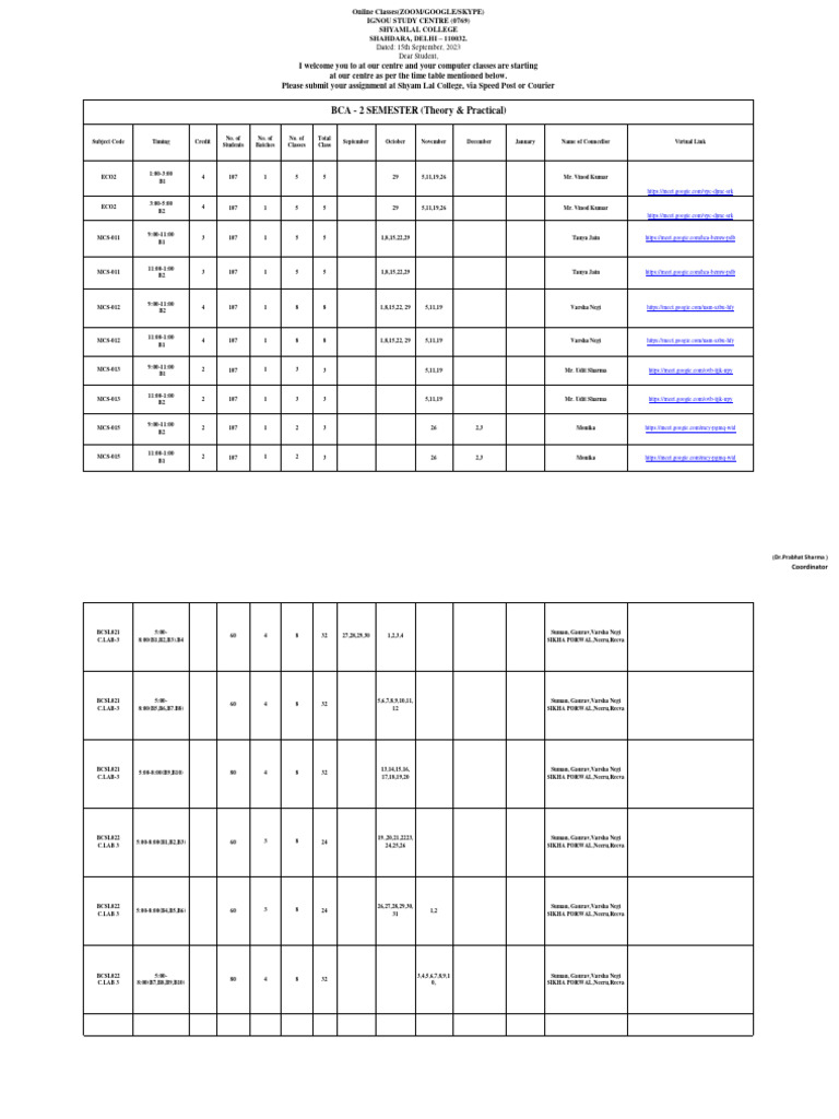 Final Time Table Bca 2-6 July-Dec-23 | PDF