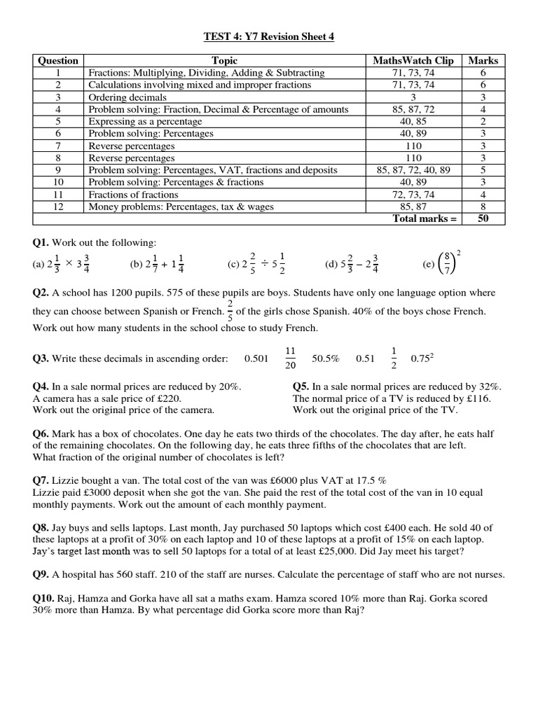 Y7 Test 4 Revision + Topic List | PDF