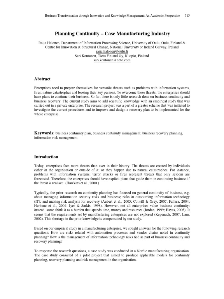 Planning Continuity Case Manufacturing I | PDF | Risk | Risk Management
