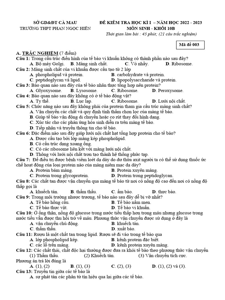De Thi hk1 Sinh Hoc 10 Nam 2022 2023 Truong THPT Phan Ngoc Hien Ca Mau | PDF