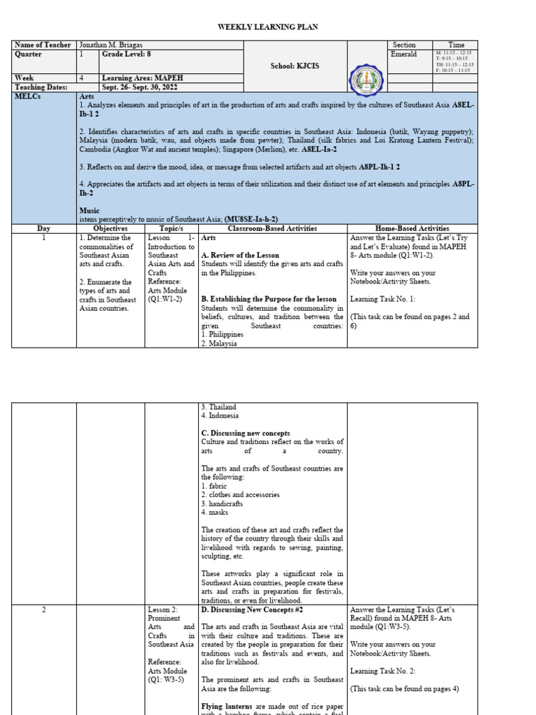 Mapeh 8 Q1 W2 Sept. 26 - 30, 2022 (Set B) | PDF