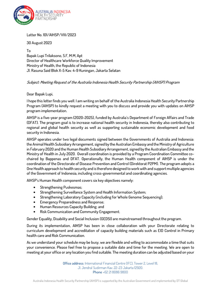 Meeting Request of The Australia Indonesia Health Security Partnership ...