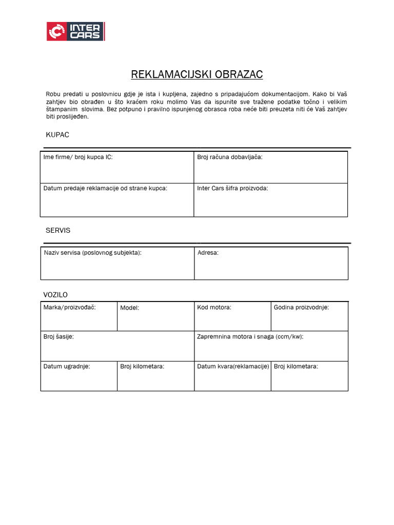 Reklamacijski Obrazac ICBIH | PDF