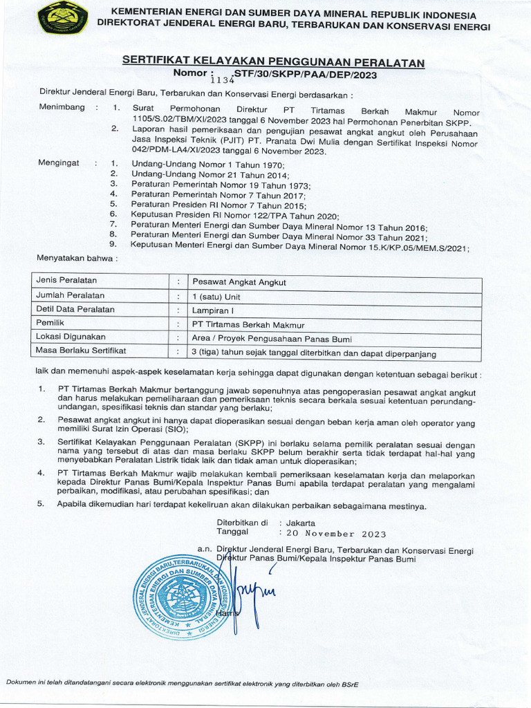 Sertifikat TMC Crane 12 Ton 2023 | PDF