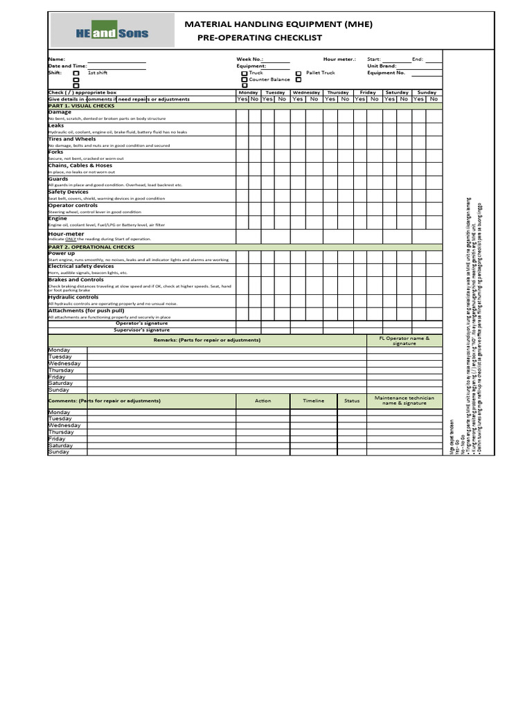 MHE Operating Checklist | PDF | Brake | Truck