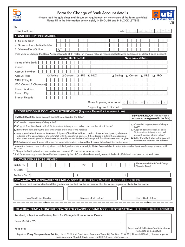UTI Change of Bank Revised Form | PDF | Cheque | Banks