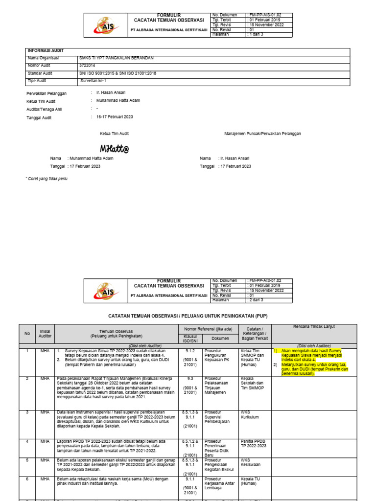 Catatan Temuan Observasi Rev.01 - SMKS TI YPT PB | PDF