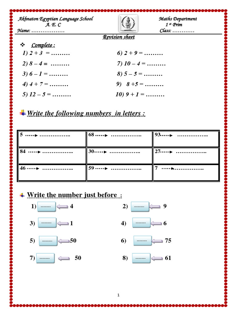 1st Grade Math Revision Sheet | PDF | Teaching Methods & Materials